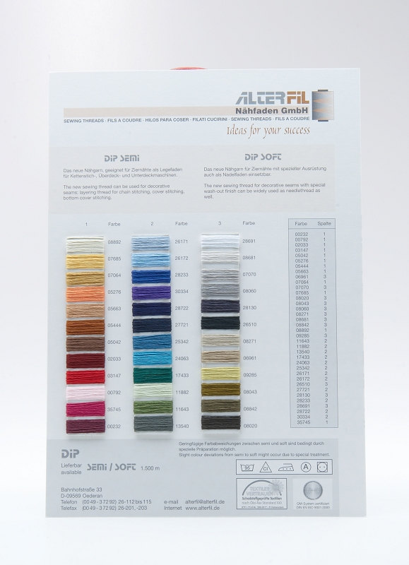 Farbenkarte Dip20 | Dip20 soft/semi | Zierfäden/Sonstige Garne | Alterfil Nähfaden Onlineshop